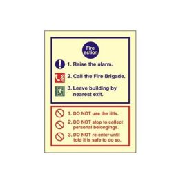 Photoluminescent Fire Action Sign, Rigid Plastic